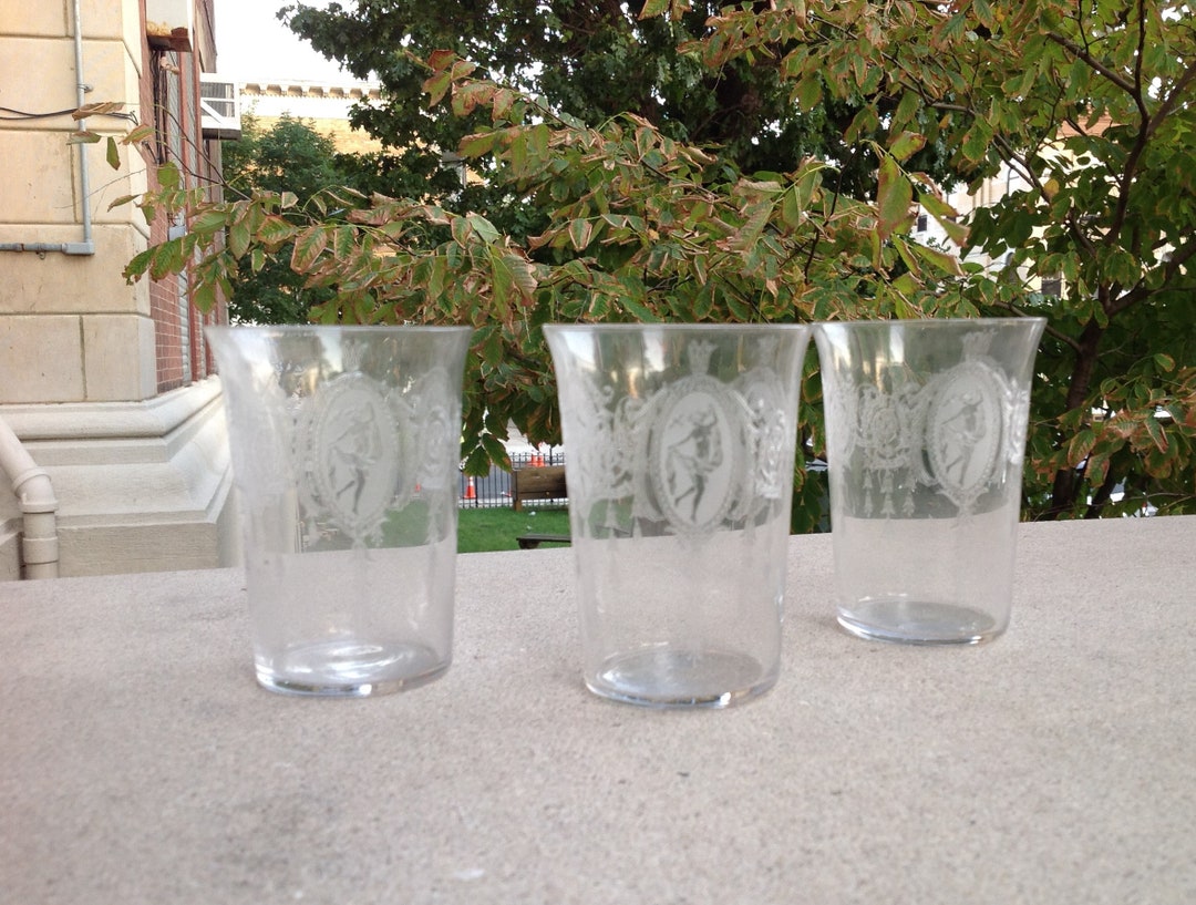 Set of 3 US Glass-tiffin Classic Etched Nymph Dancing 10oz Flat Tumbler ...