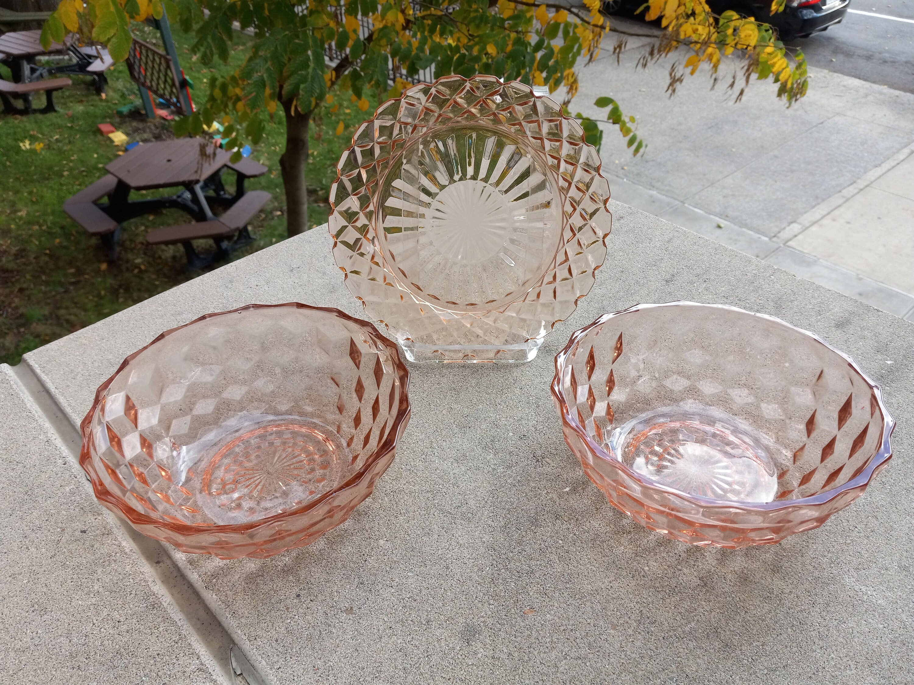 3x Pink Depression Glass Pink Cube, Waffle + Star Set Jeanette & Anchor ...