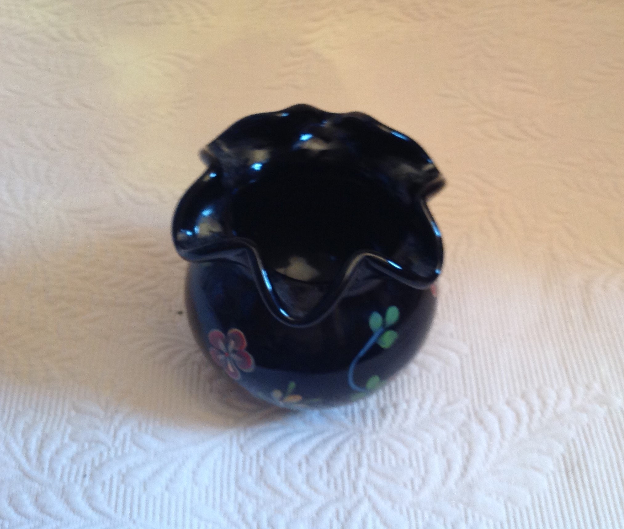 Fenton Black Glass Ruffled Top | Sean K Fenton Handpainted C. Riggs - Etsy