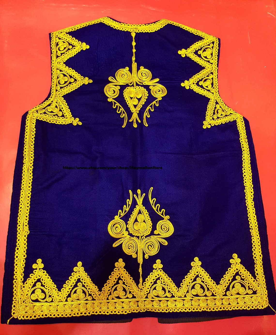 Afghan Traditional Men's Blue Velvet Vest With Heavy Gold Braided ...