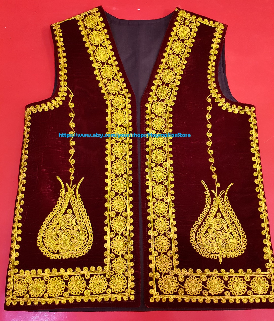 Afghan Traditional Men's Red Velvet Vest With Heavy Silver Braided ...