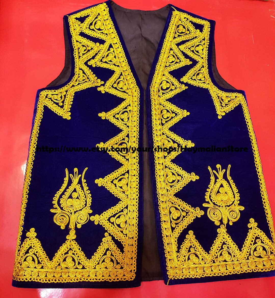 Afghan Traditional Men's Blue Velvet Vest With Heavy Gold Braided ...