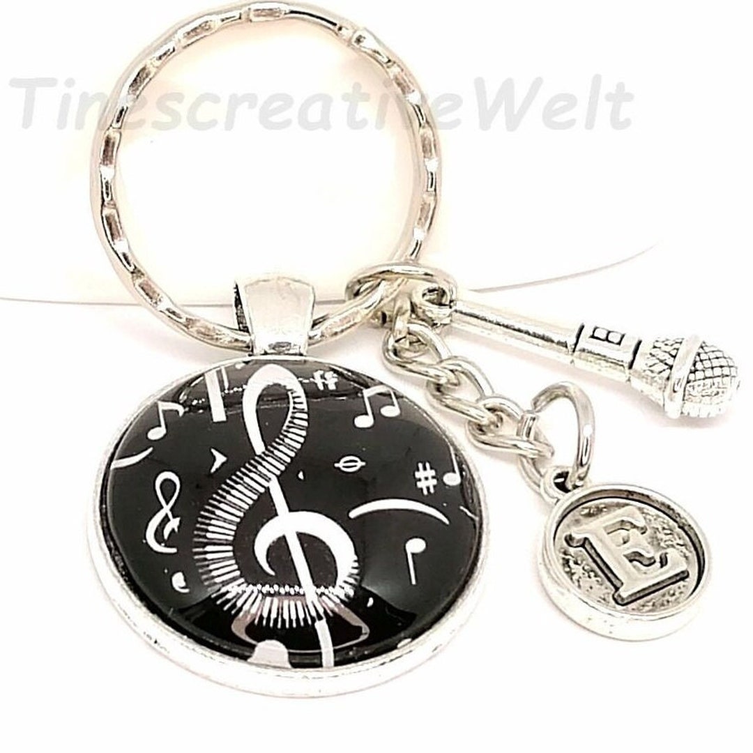 Personalized Keychain, Glass Cabochon, Microphone, Notes, Treble Clef ...