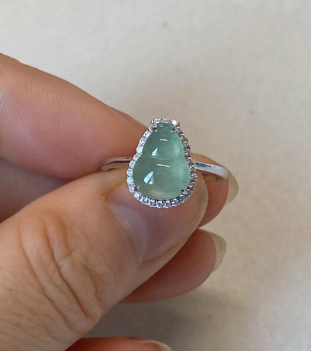Natural Highly-translucent Green Jadeite Gourd Ring 18K Solid White ...