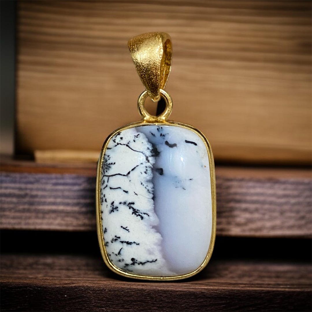 Natural Agate Cushion Pendant, 18K Gold Plated Sterling Silver, Boho ...
