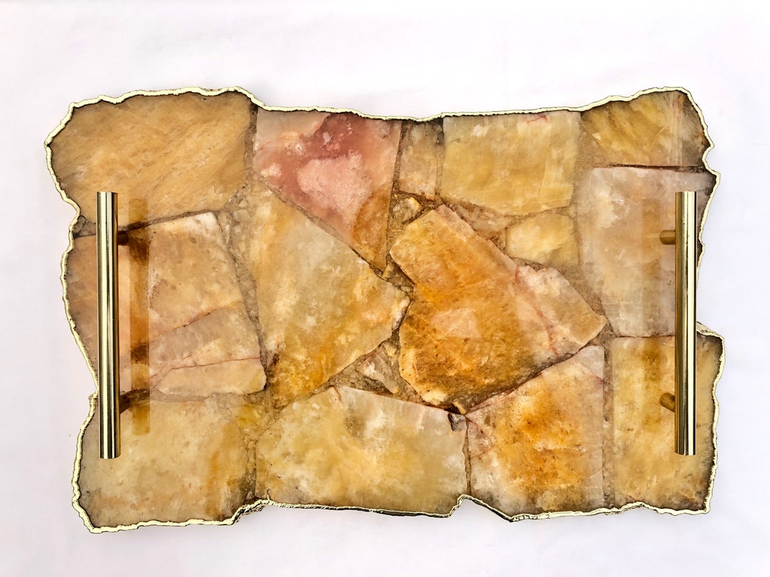 Large Golden Brown Agate Serving Tray With Brass - Etsy