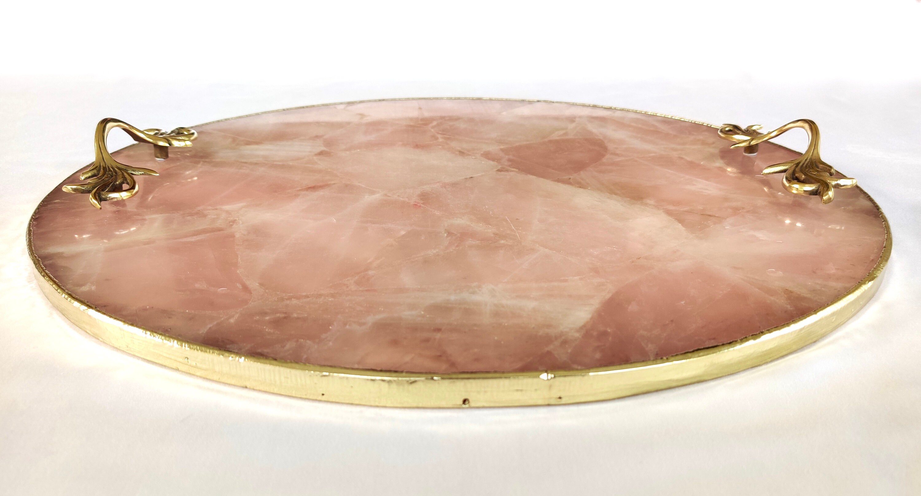 Rose Quartz Agate Serving Tray With Brass Handles Circular | Etsy