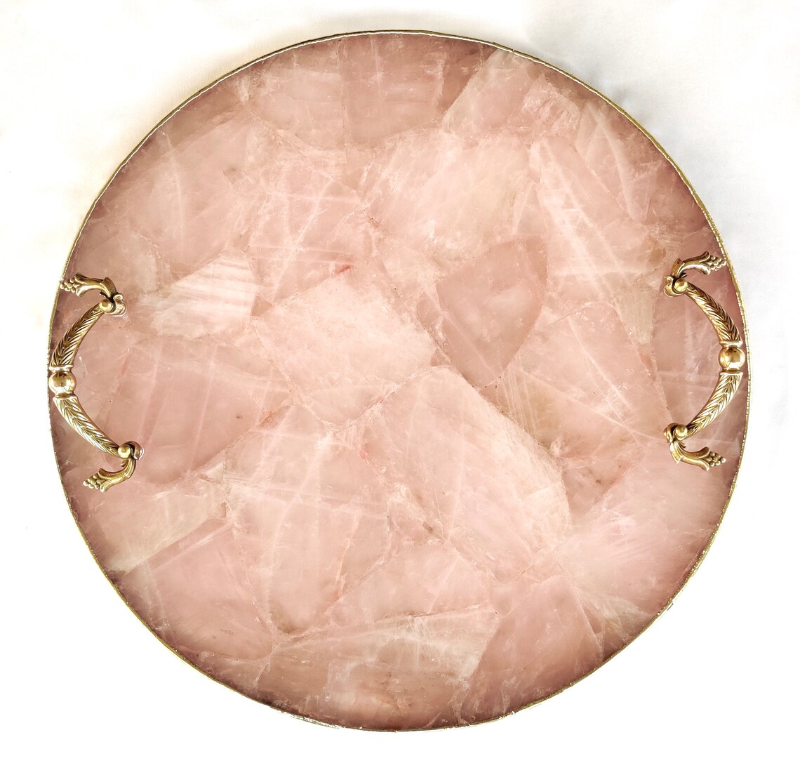 Rose Quartz Agate Serving Tray With Brass Handles Circular - Etsy