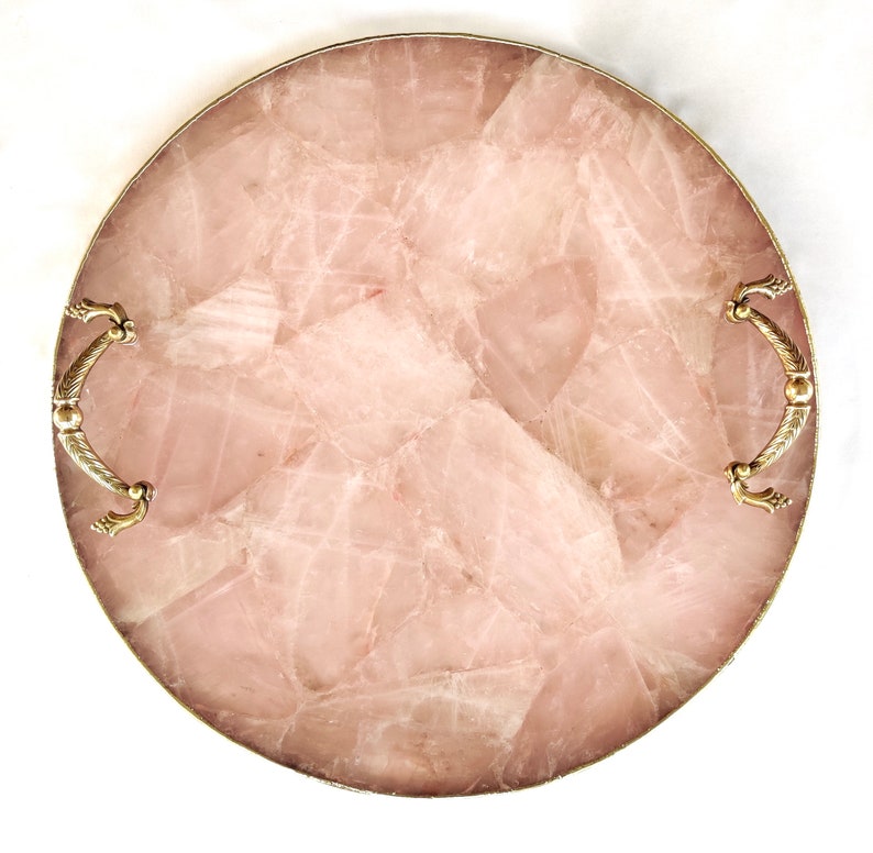 Rose Quartz Agate Serving Tray With Brass Handles Circular - Etsy