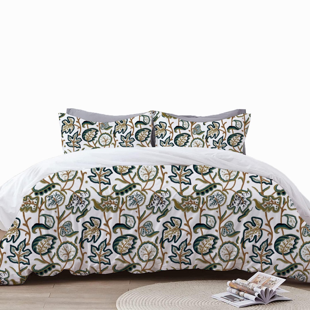 Jade 3 Piece Crewel Embroidered Duvet Set Linen Cotton Mix Embroidered ...