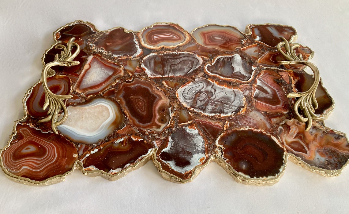 Large Red Agate Serving Tray With Brass Handles/personalised - Etsy