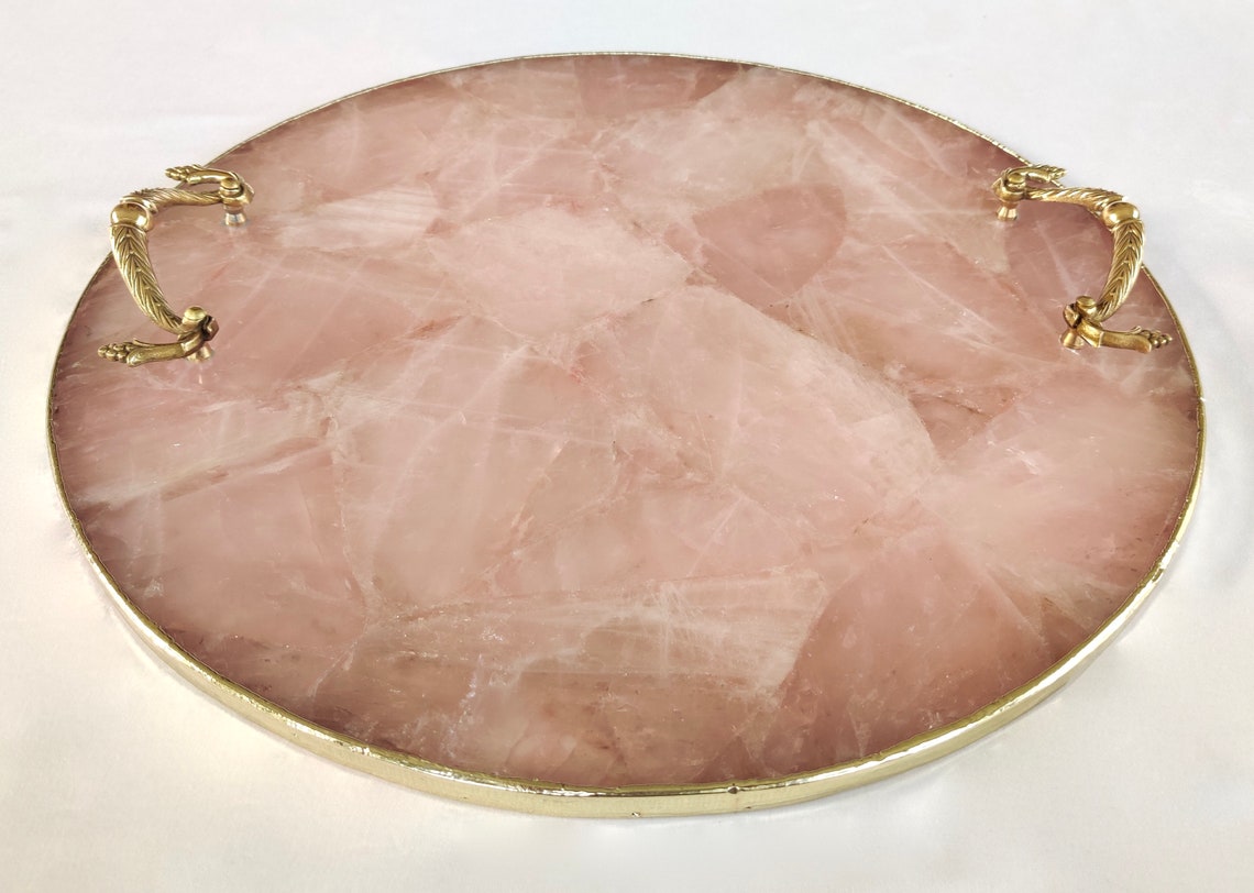 Rose Quartz Agate Serving Tray With Brass Handles Circular - Etsy
