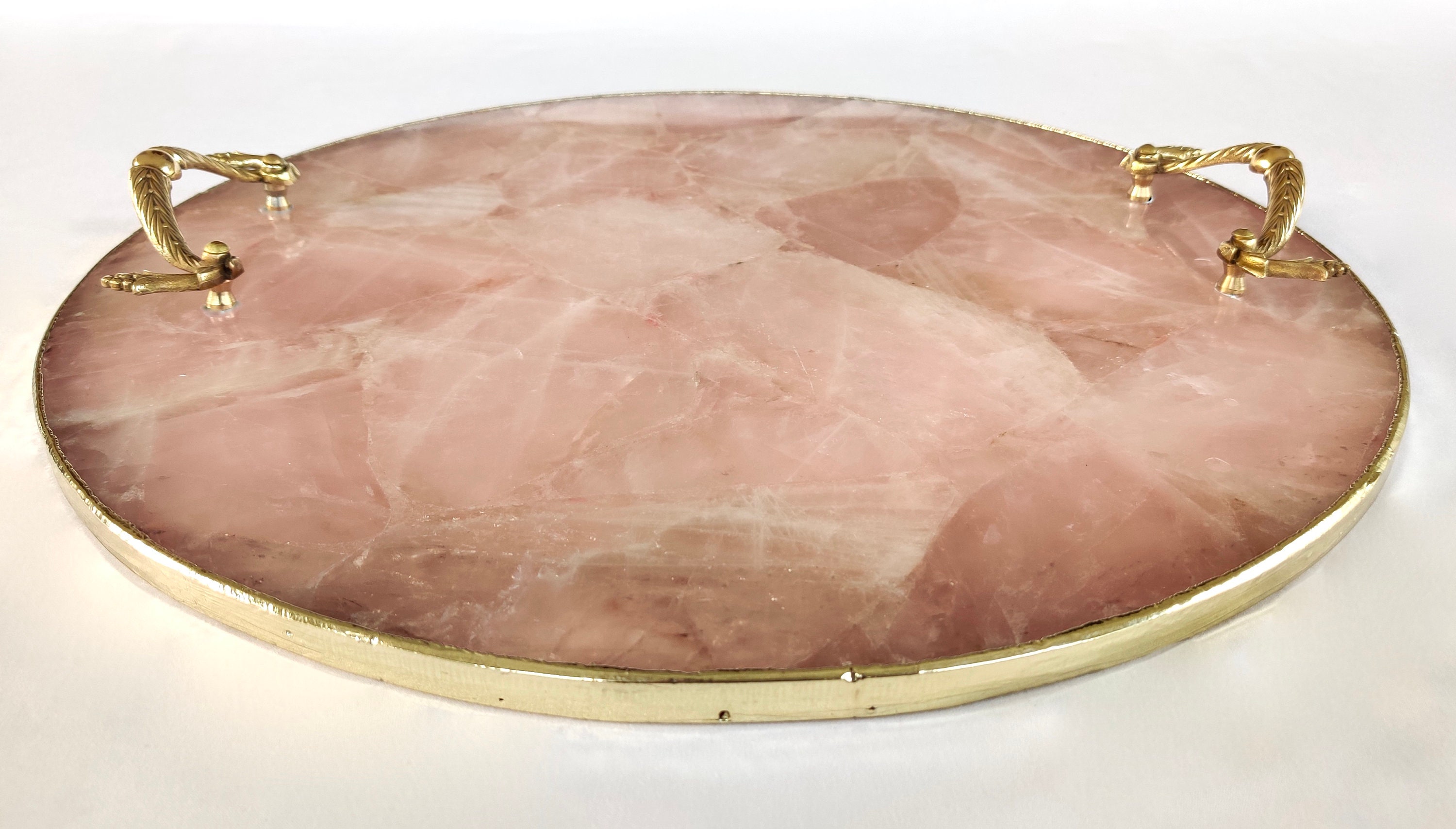 Rose Quartz Agate Serving Tray With Brass Handles Circular - Etsy