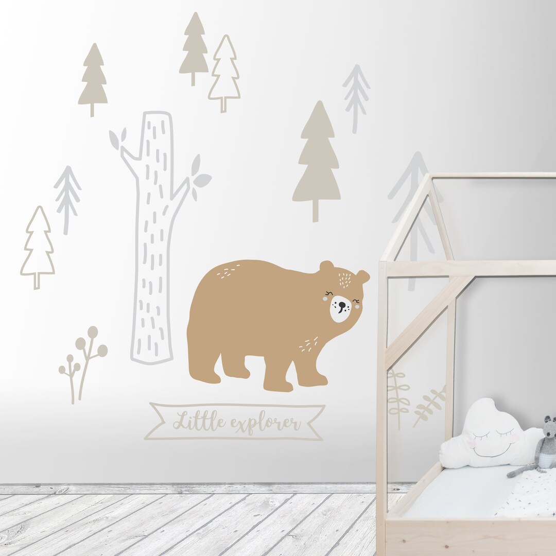 Wall Decal Wall Sticker little Explorer Bear, Fir Trees, Color ...