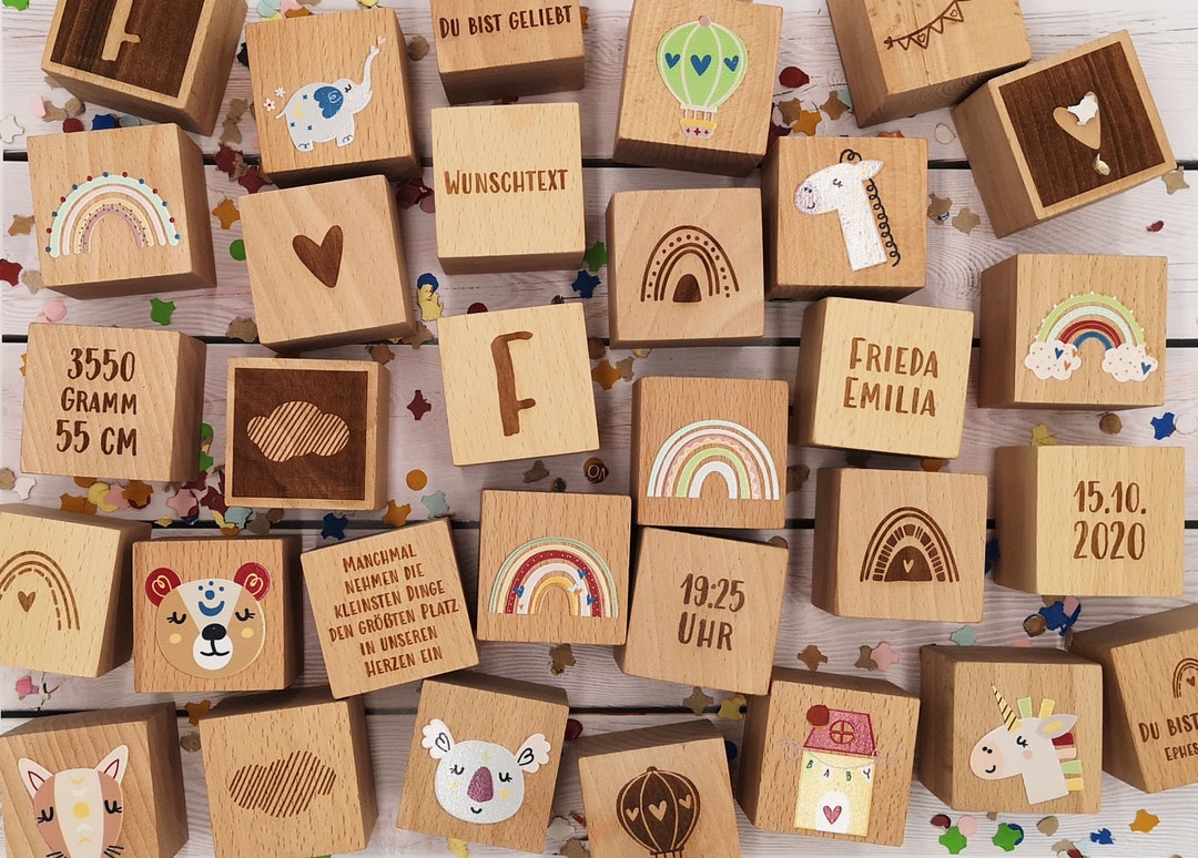 Wooden Cube Baby Motifs regenbogen&friends, Personalized, Birth, Birth ...
