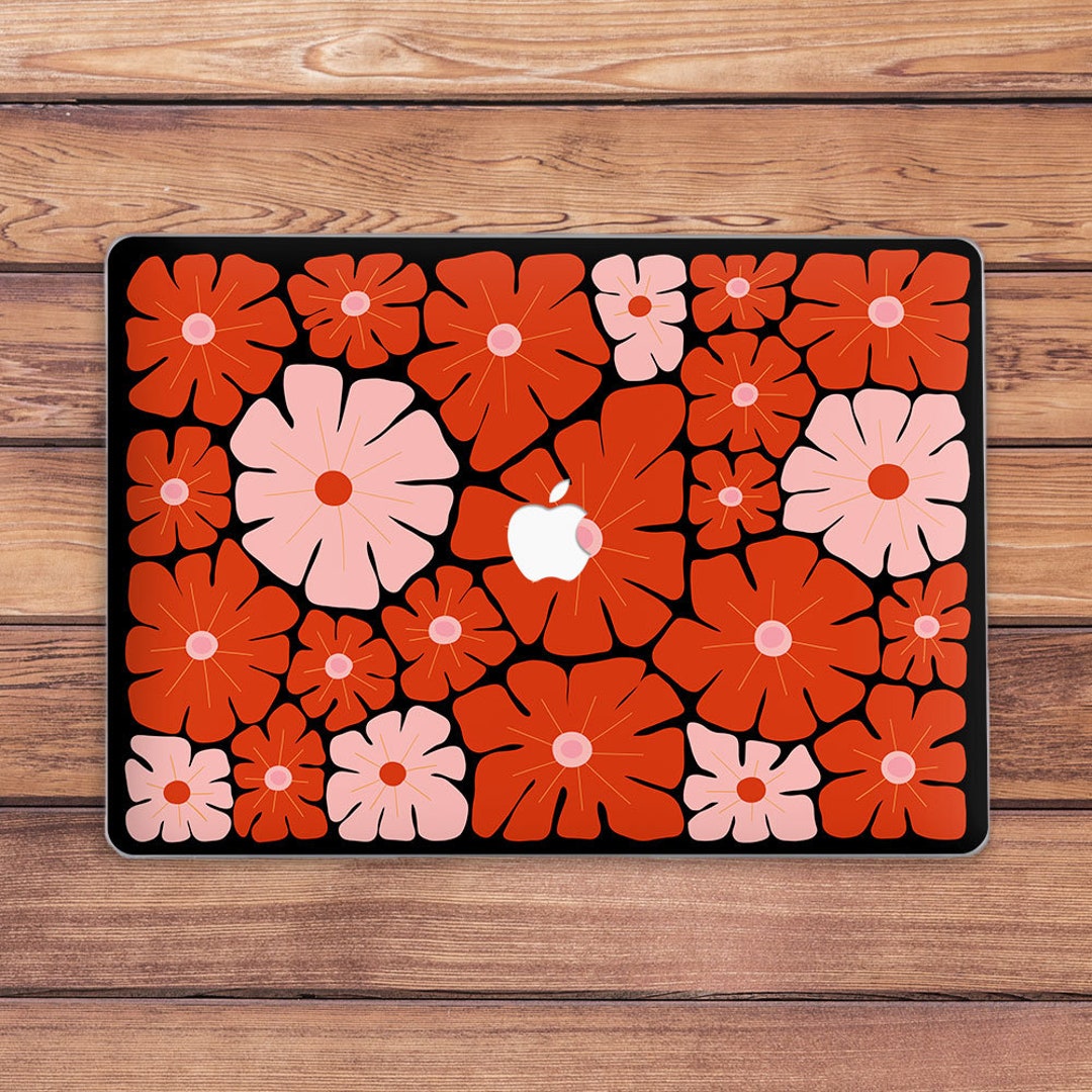 Simple Red Flowers MacBook Case Black Floral Botanical MacBook Hard ...