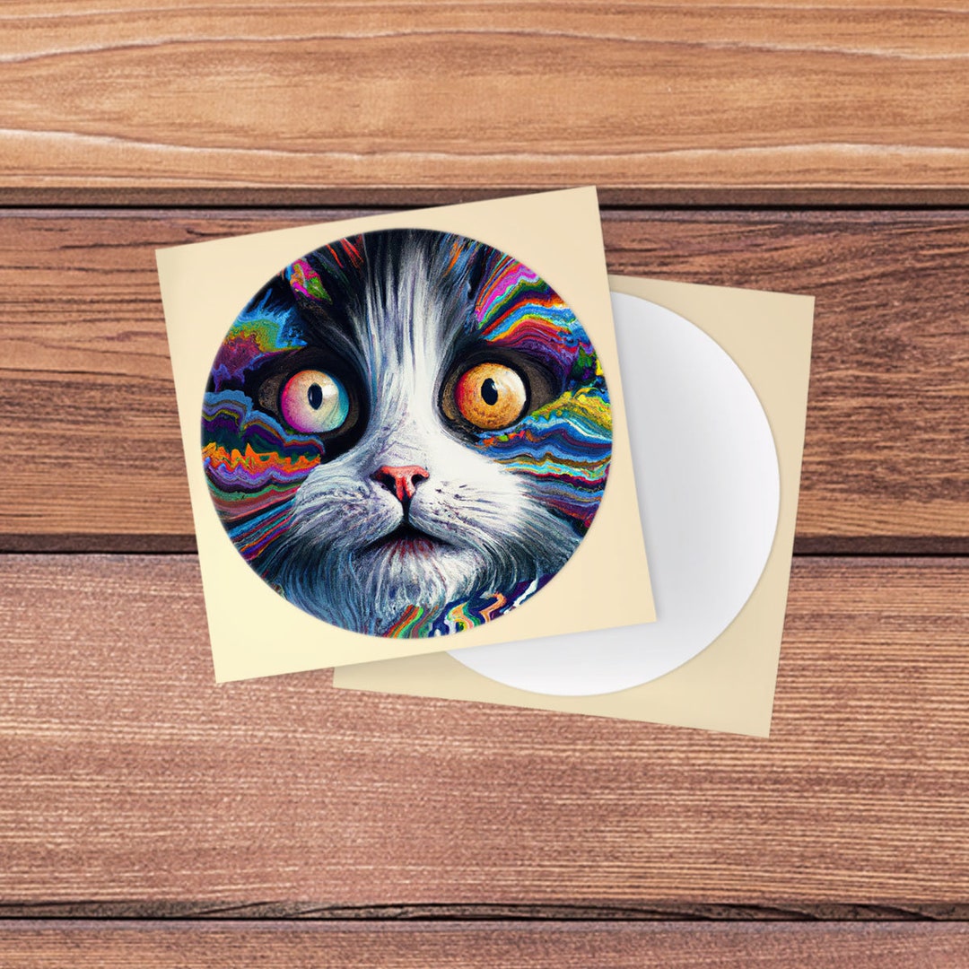 Funny Cat Art Round Sticker for Popsocket Trippy Animal Art Sticker ...