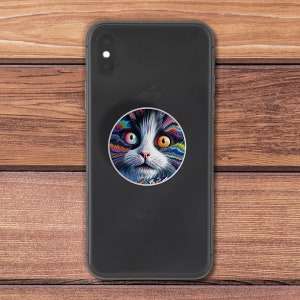 Funny Cat Art Round Sticker for Popsocket Trippy Animal Art Sticker ...