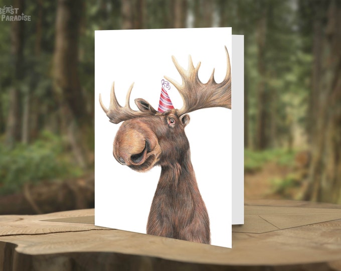 Moose Birthday Card With Party Hat, Happy Birthday, Moose Gift ...