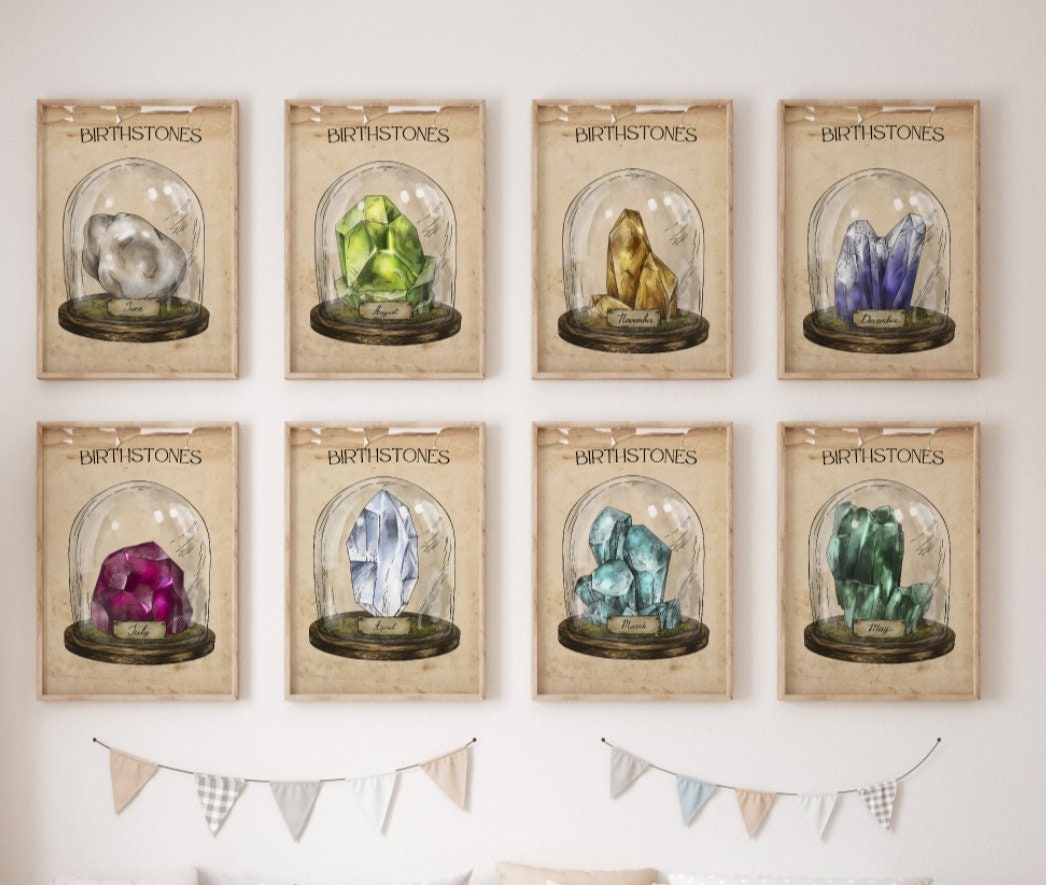 Birthstone Chart Printable Wall Art Set Watercolor Gemstone Monthly ...