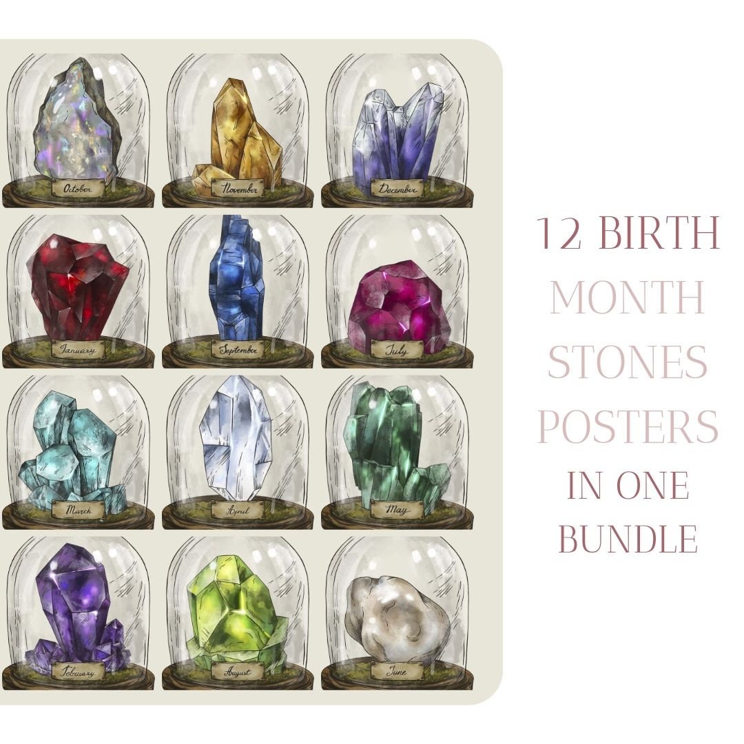 Birthstone Chart Printable Wall Art Set Watercolor Gemstone Monthly ...