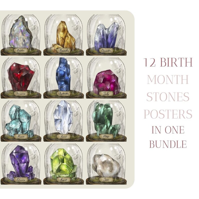 Birthstone Chart Printable Wall Art Set Watercolor Gemstone Monthly ...