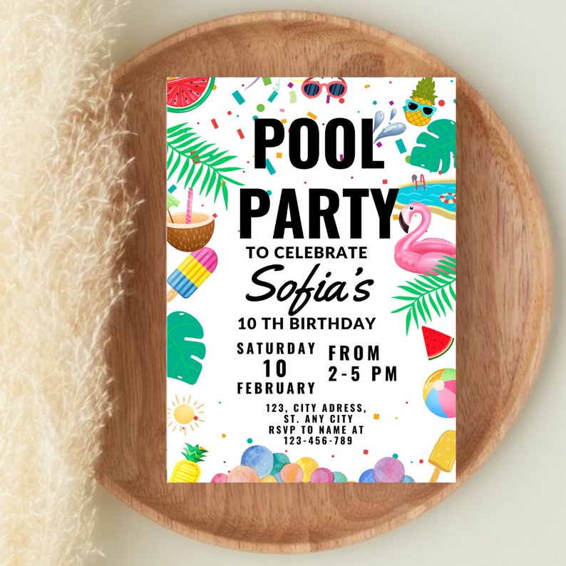 Plantilla de invitación de cumpleaños Pool Party editable / Editable en ...