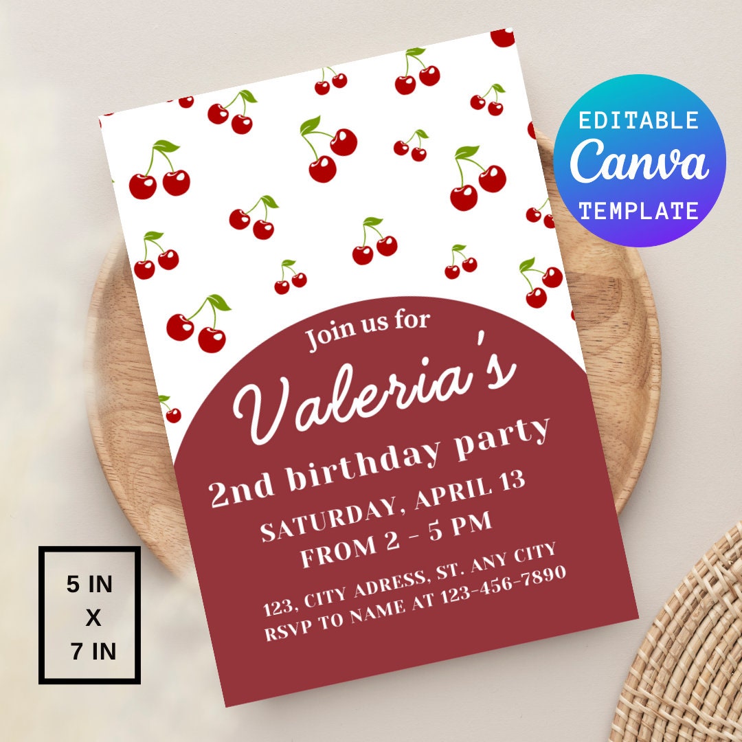 Editable Cherries Birthday Invitation Template / Editable in Canva ...