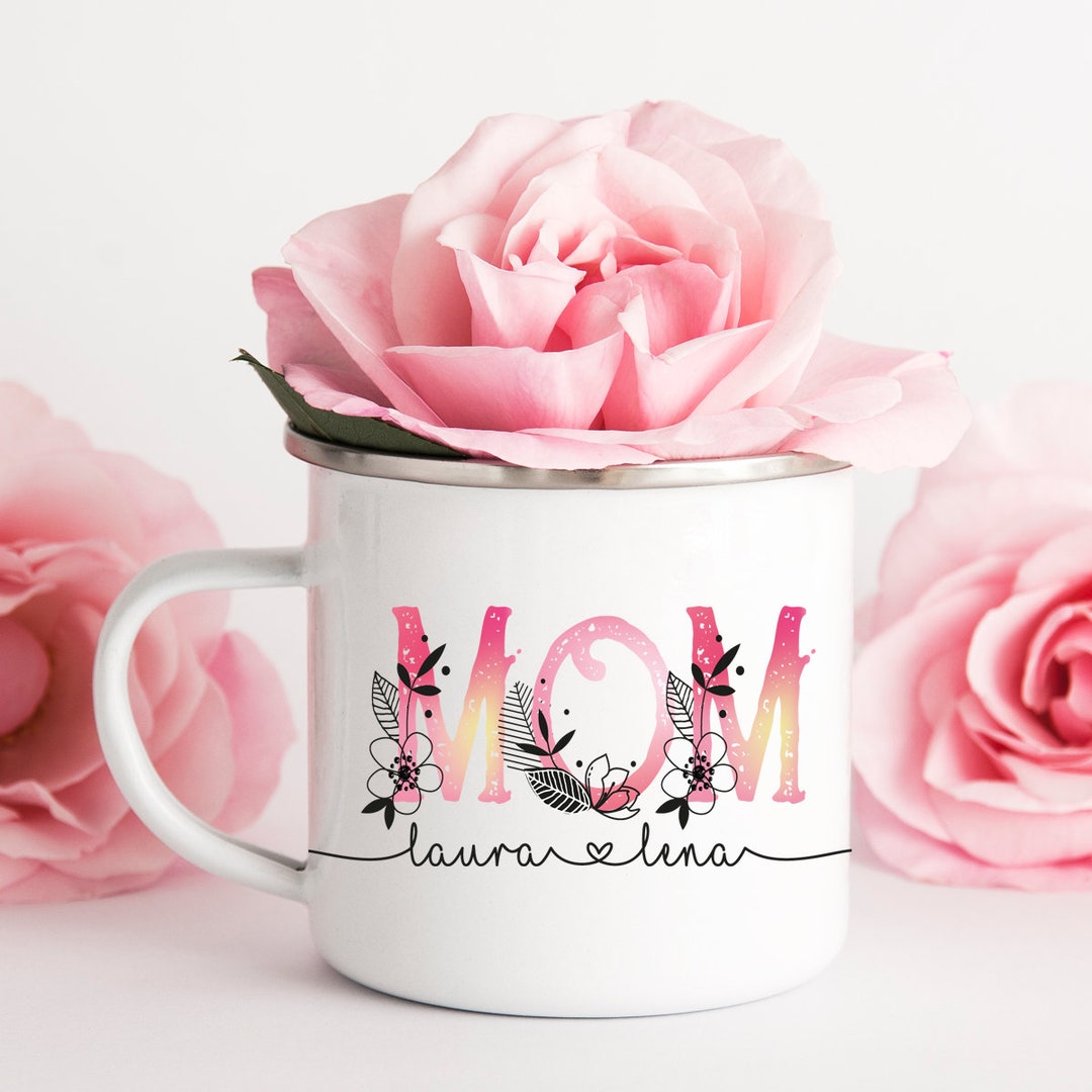 Personalized Enamel Cup Mom and Kids Name Pink With Mouth Edge - Etsy