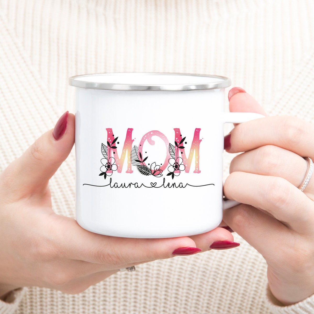 Personalized Enamel Cup Mom and Kids Name Pink With Mouth Edge | Etsy