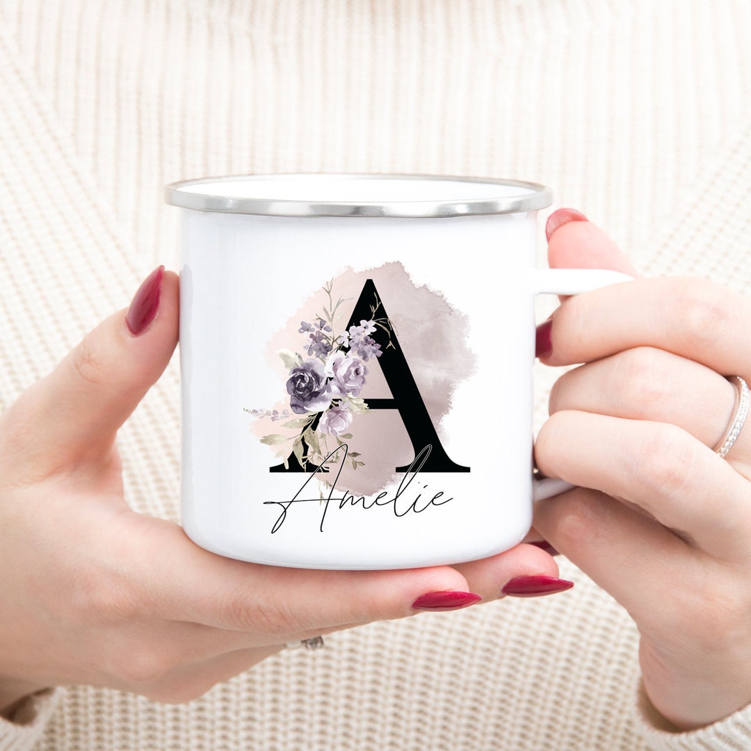 Personalized Enamel Cup With Letter and Name Violet, Gift Mom ...