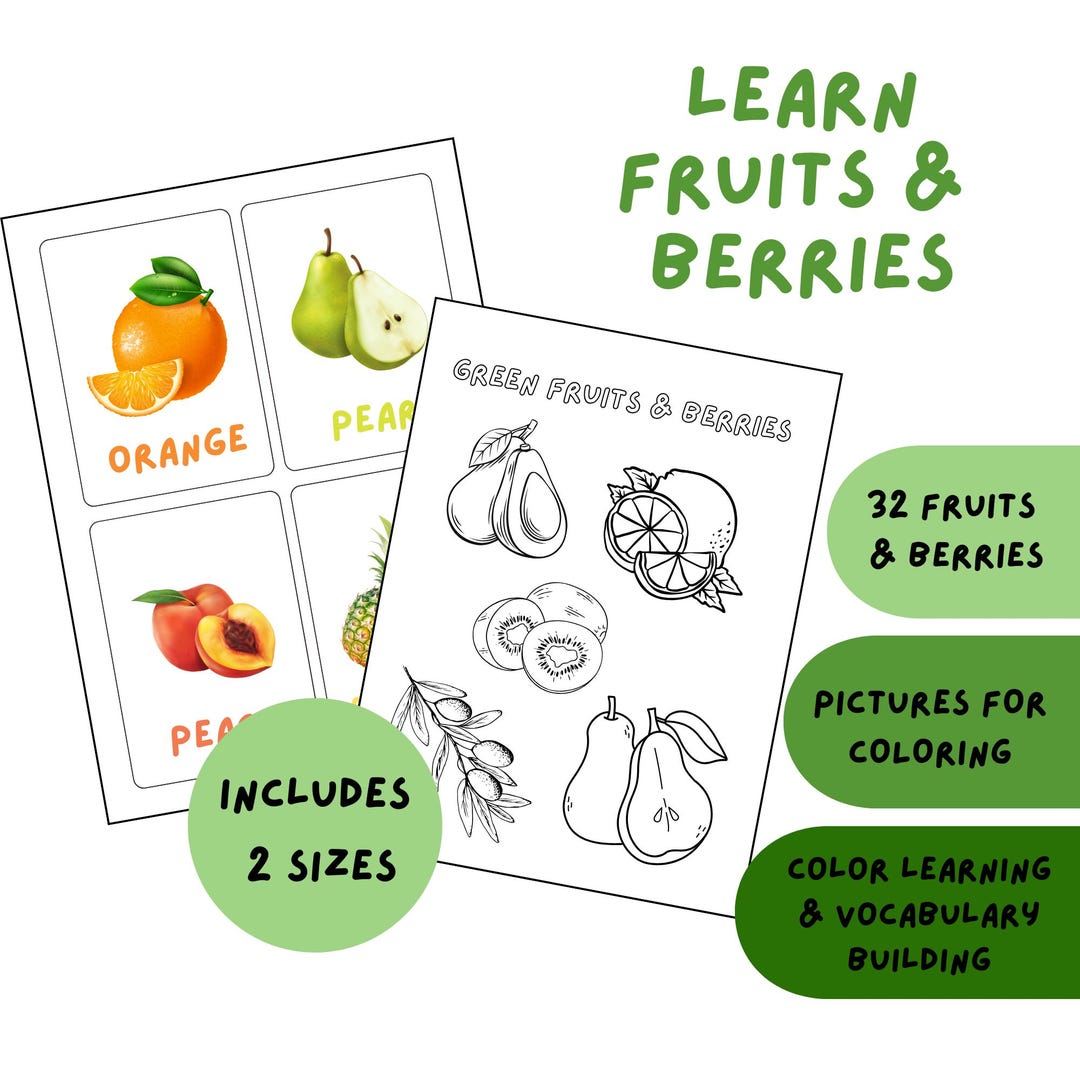 Fruits & Berries Flash Cards: Kids Learning Activity, Coloring Pages ...