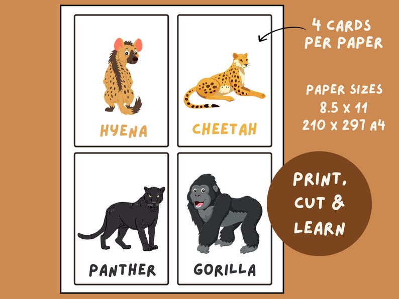 Wild Animals Flash Cards – 20 Printable Cards + Bonus Wall Poster ...