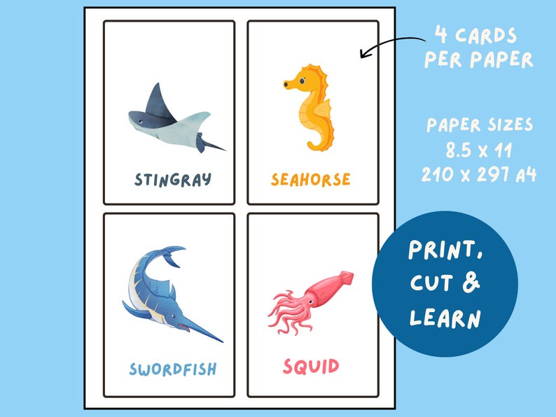 Sea Animals Flash Cards: Ocean Learning, Preschool Printable (PDF ...