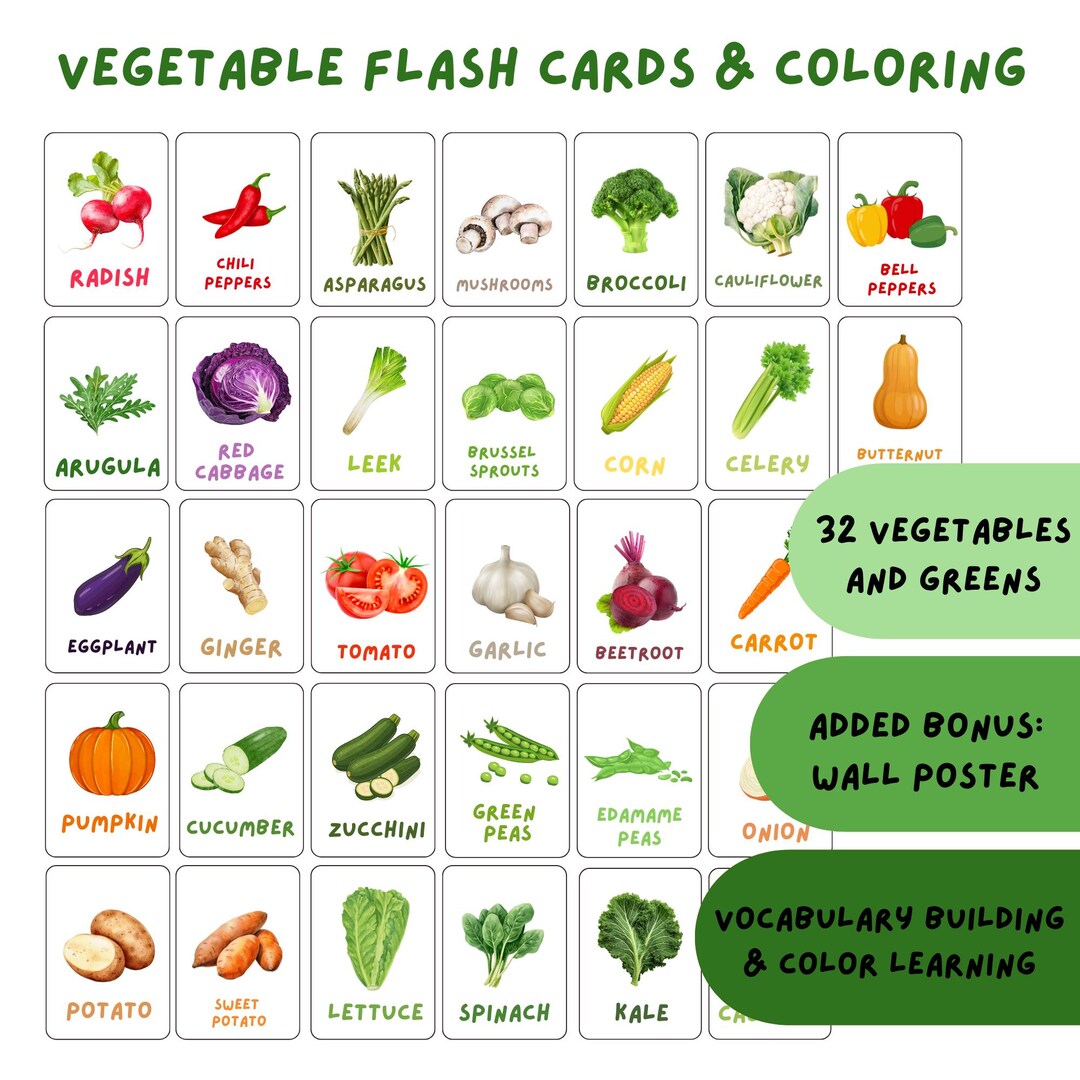 Vegetable Flash Cards: Montessori Learning, Farm Garden Theme (PDF) - Etsy