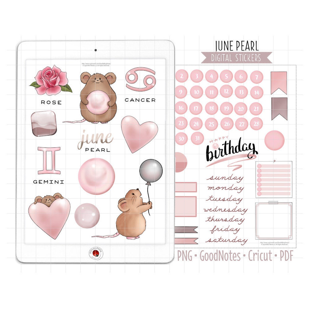 June Birthstone Digital Planner Stickers, Pearl Monthly Kit, Goodnotes ...
