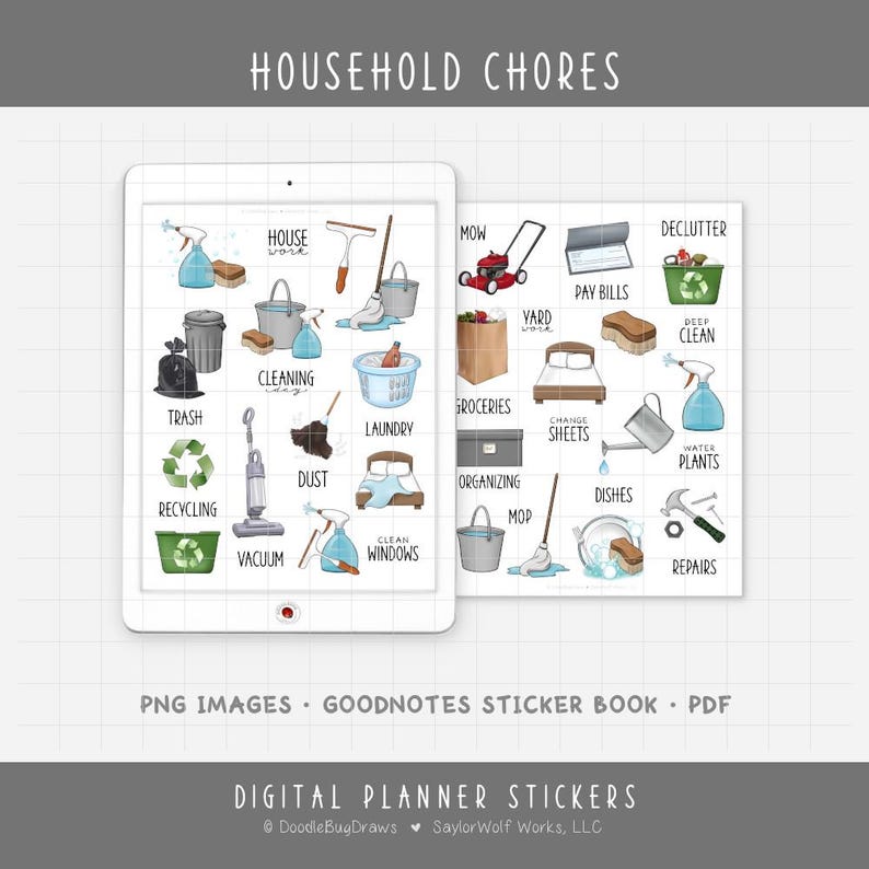 Household Chores Digital Planner Stickers - Cleaning & Housework Icons ...