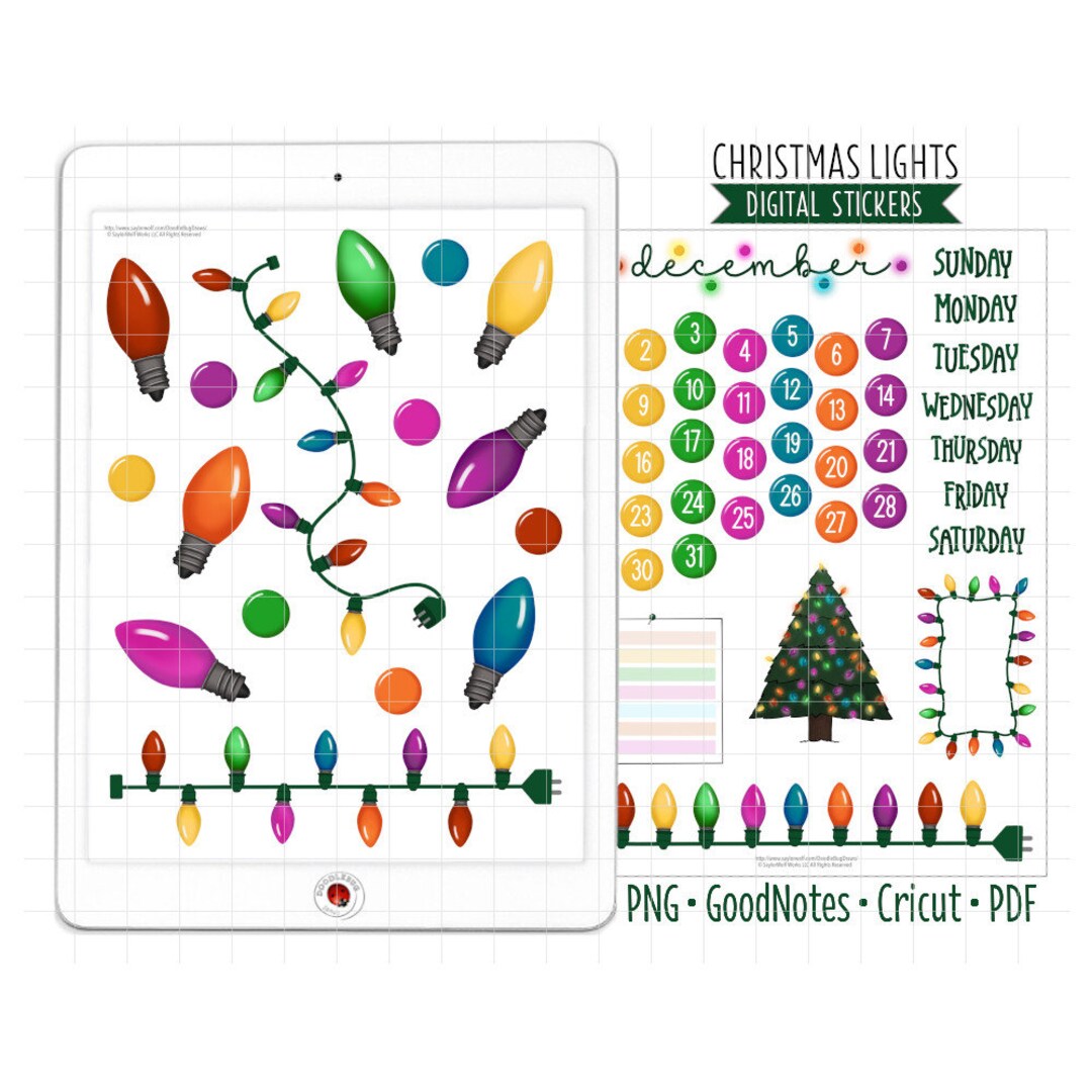 Christmas Lights Digital Planner Stickers - December Calendar Theme ...