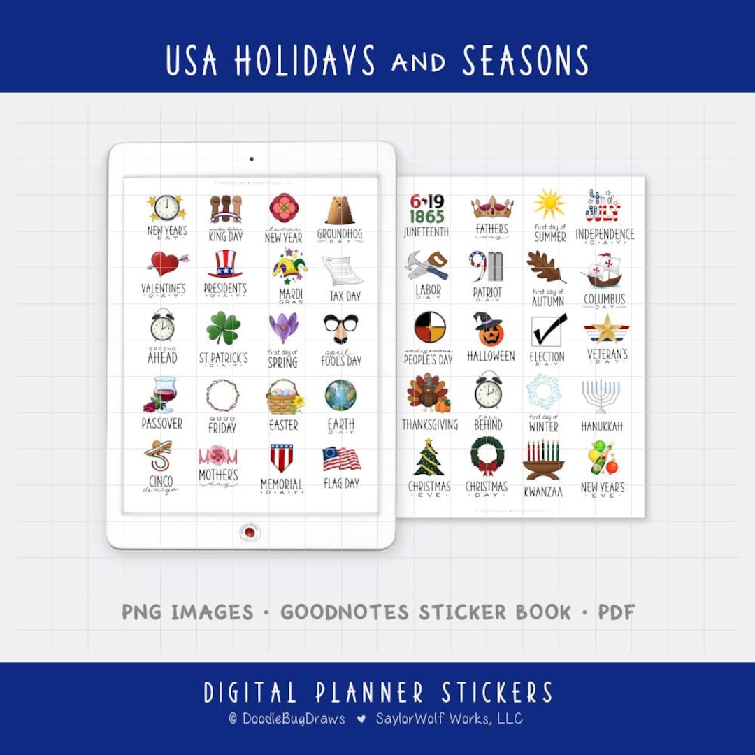 US Holidays & Seasons Digital Planner Stickers - Annual Calendar Icons ...
