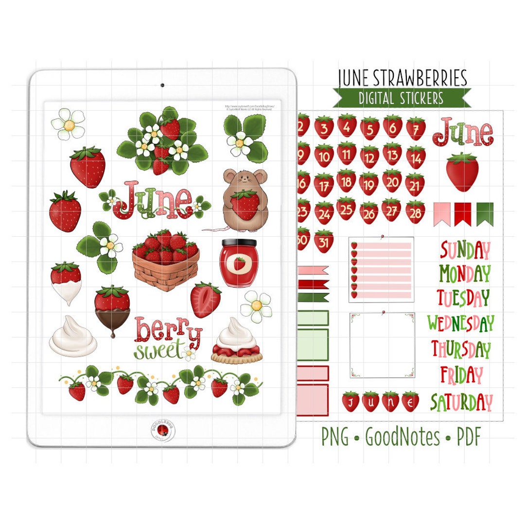 Strawberries Digital Planner Stickers June Monthly Kit - Etsy