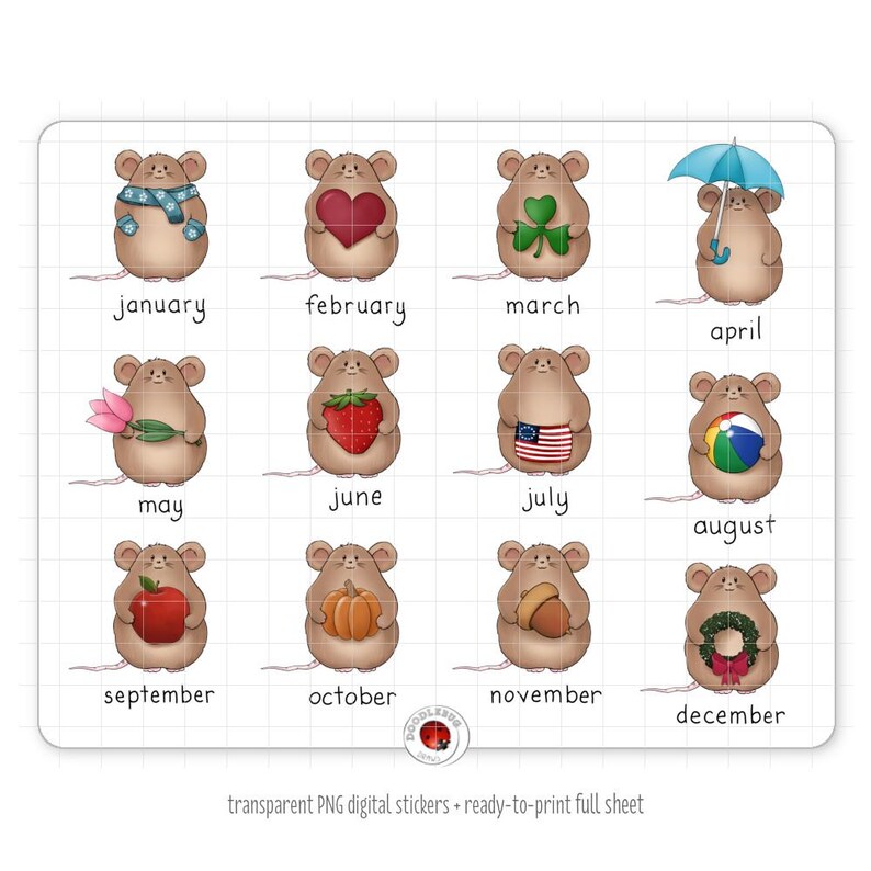 Seasonal Mouse and Month Names Digital Planner Stickers (goodnotes, PNG ...