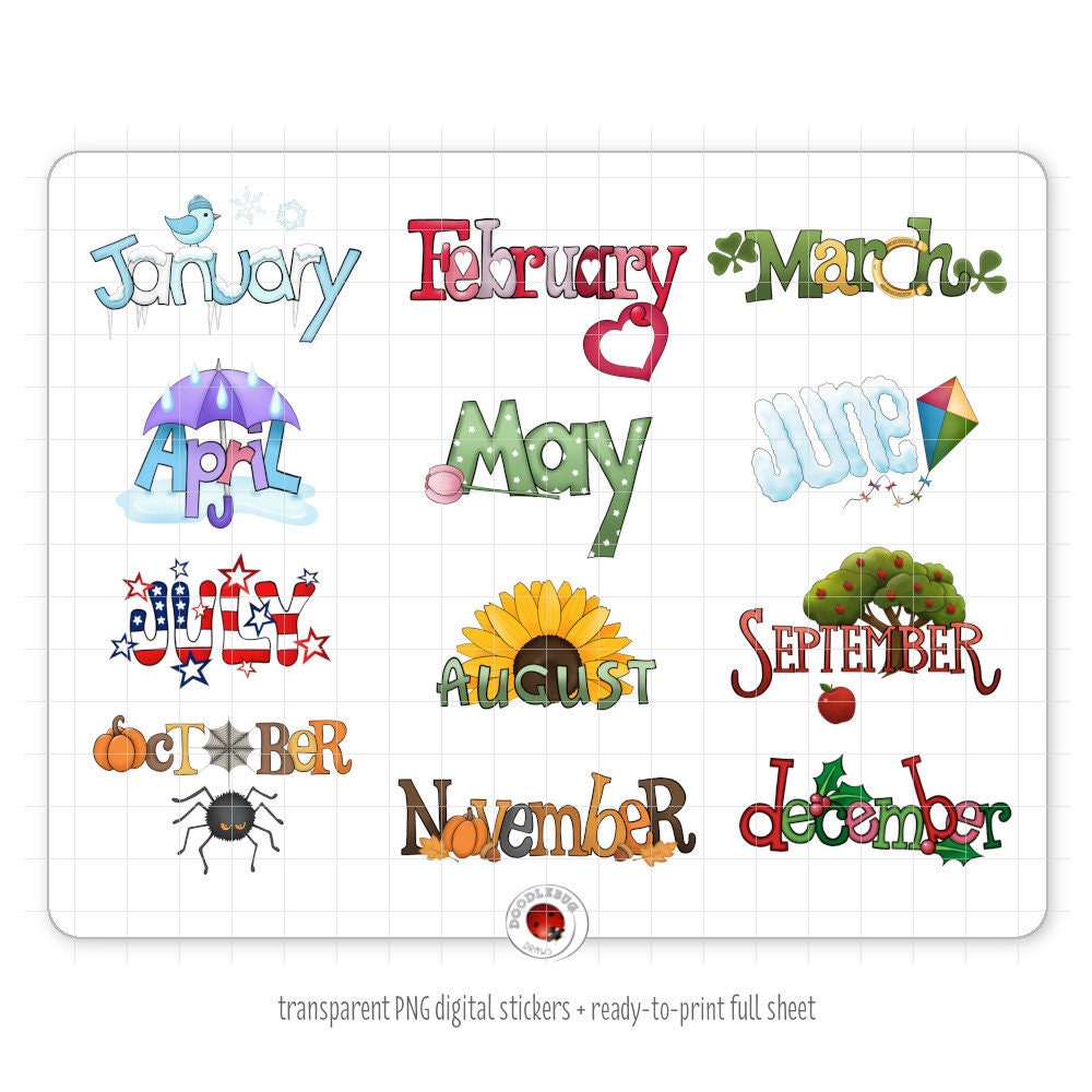 Illustrated Month Names Digital Planner Stickers - Seasonal Calendar ...