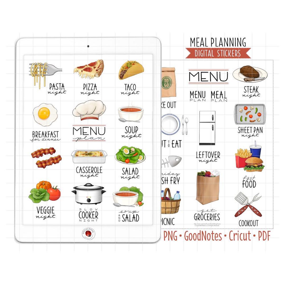 Meal Planning Digital Planner Stickers - Menu, Groceries, Food Icons ...