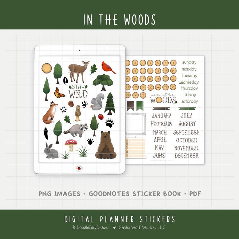 Woodland Animals Monthly Digital Planner Sticker Kit - Forest & Nature ...