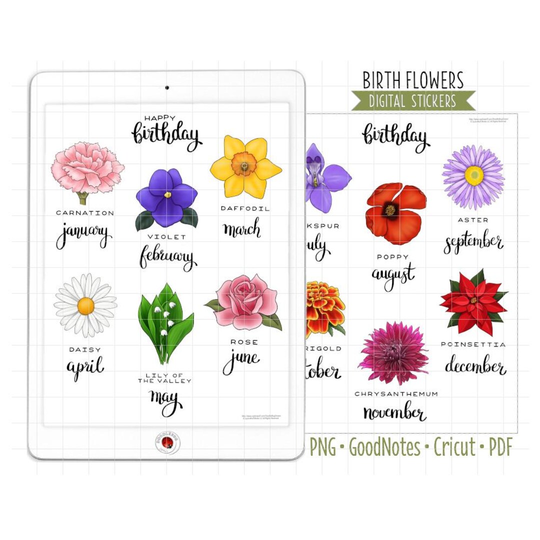 Birth Month Flowers Digital Planner Stickers - Birthday Icons & Month ...