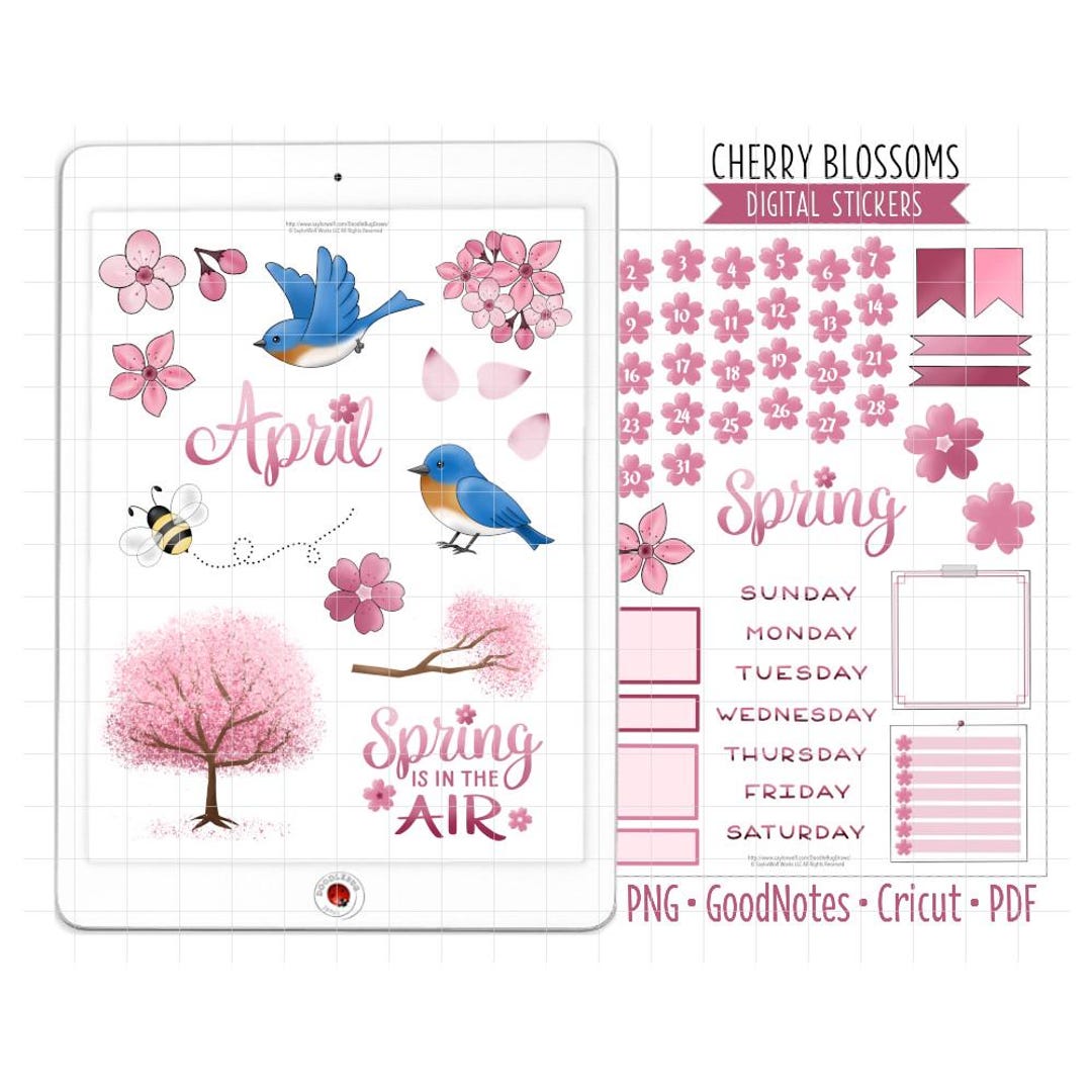 Spring Cherry Blossoms Digital Planner Stickers, April Monthly Kit ...