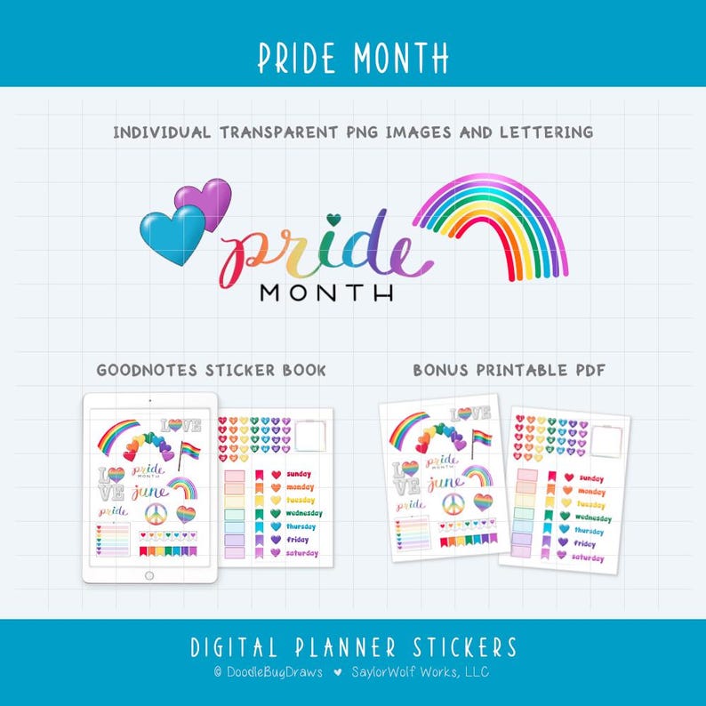 Pride Month - June Monthly Digital Planner Sticker Kit - Rainbow ...