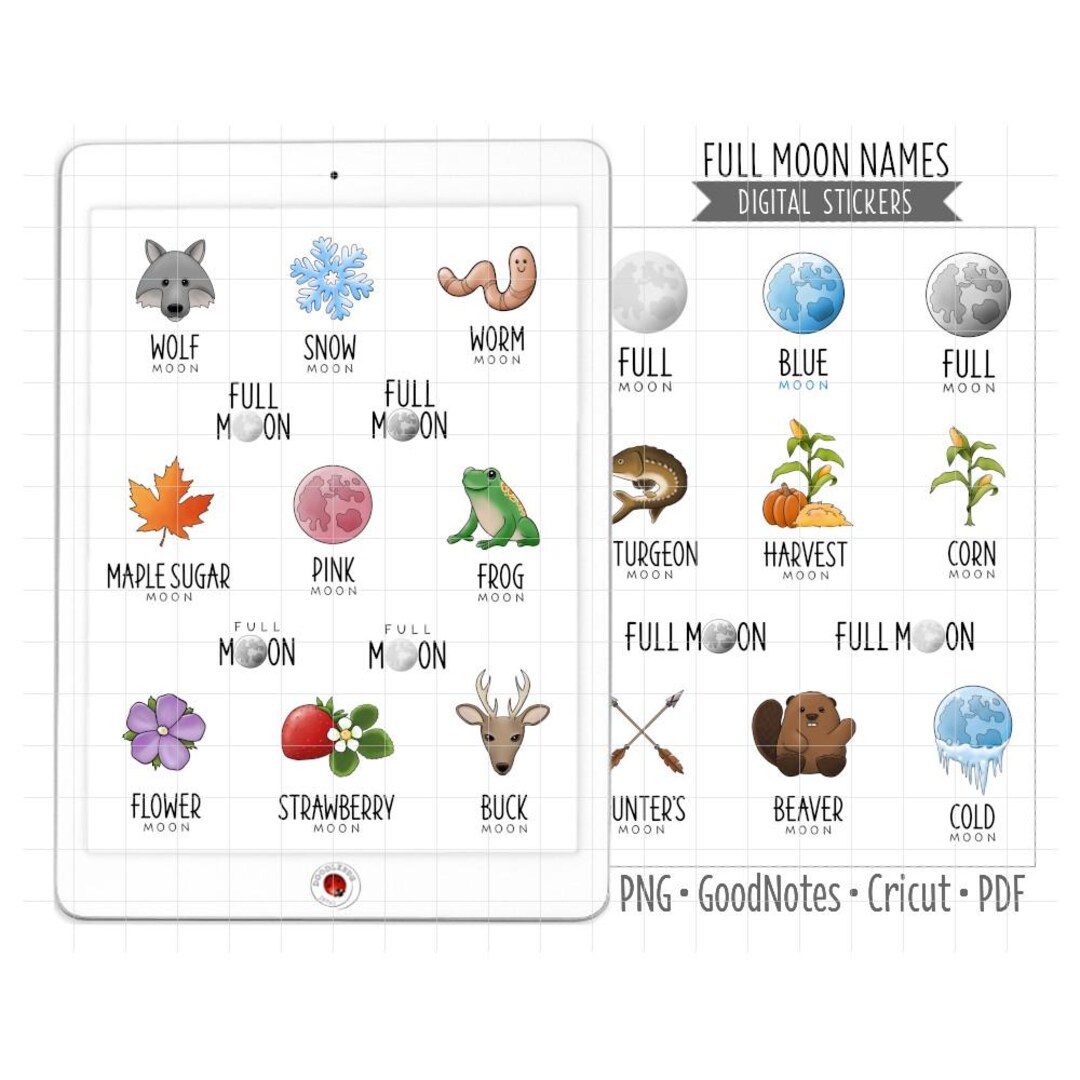 Full Moon Names Digital Planners Stickers - Lunar Cycle Icons ...