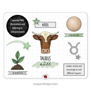 Taurus the Bull Digital Planner Stickers, April / May Monthly Kit ...