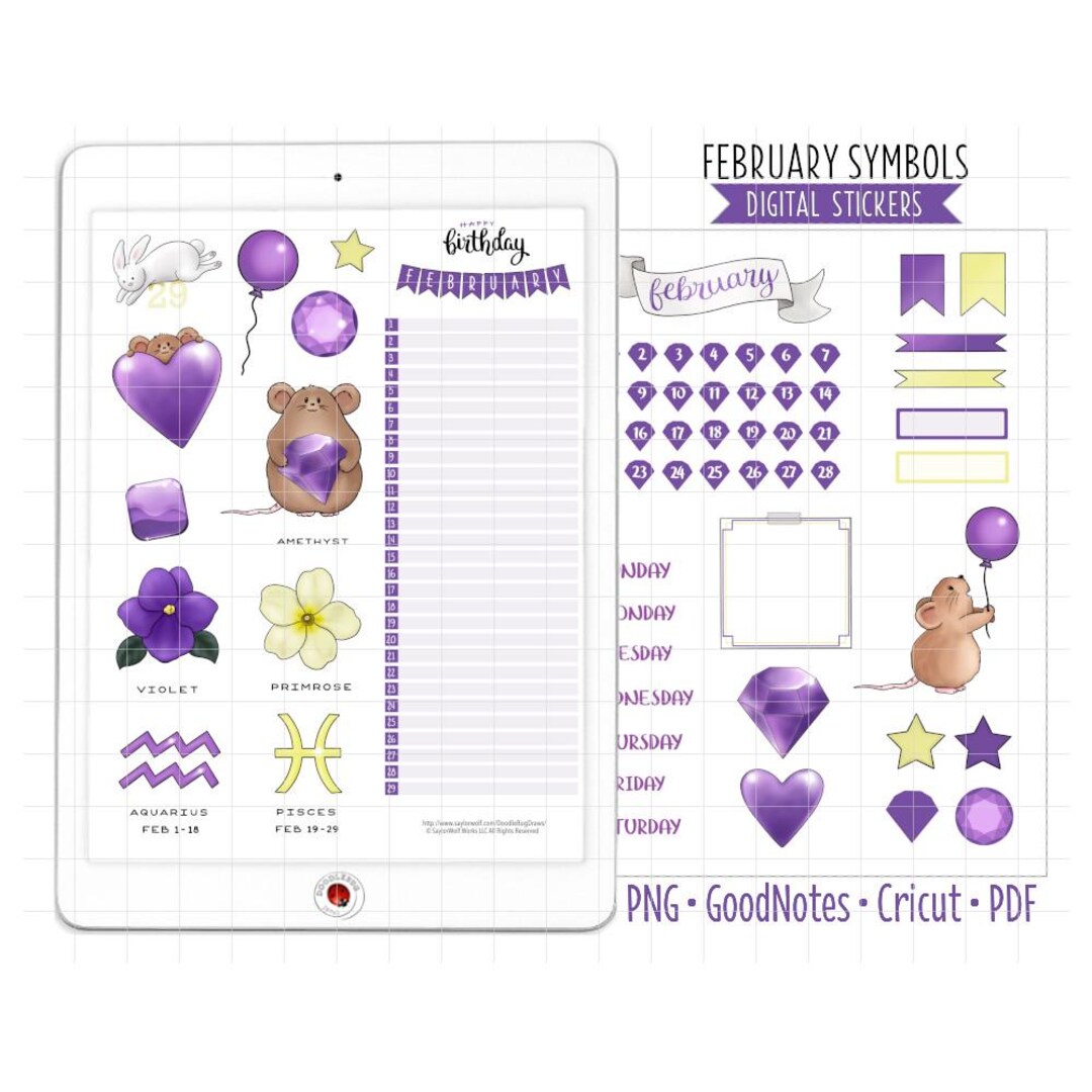 February Birth Month Symbols Digital Planner Stickers - Birthday Theme ...